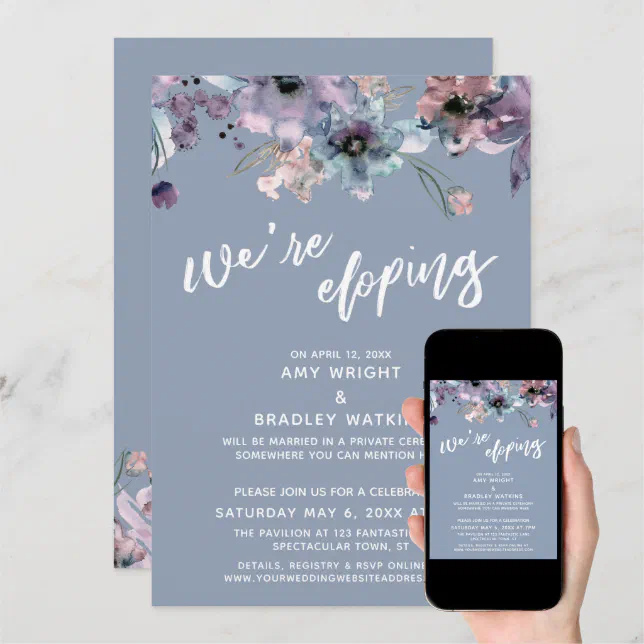 We're Eloping Script Dusty Blue Watercolor Florals Invitation | Zazzle
