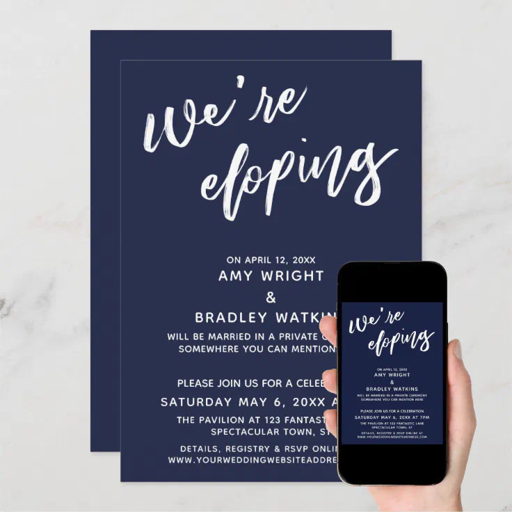 We're Eloping Simple Navy Blue Handwriting Script Invitation | Zazzle