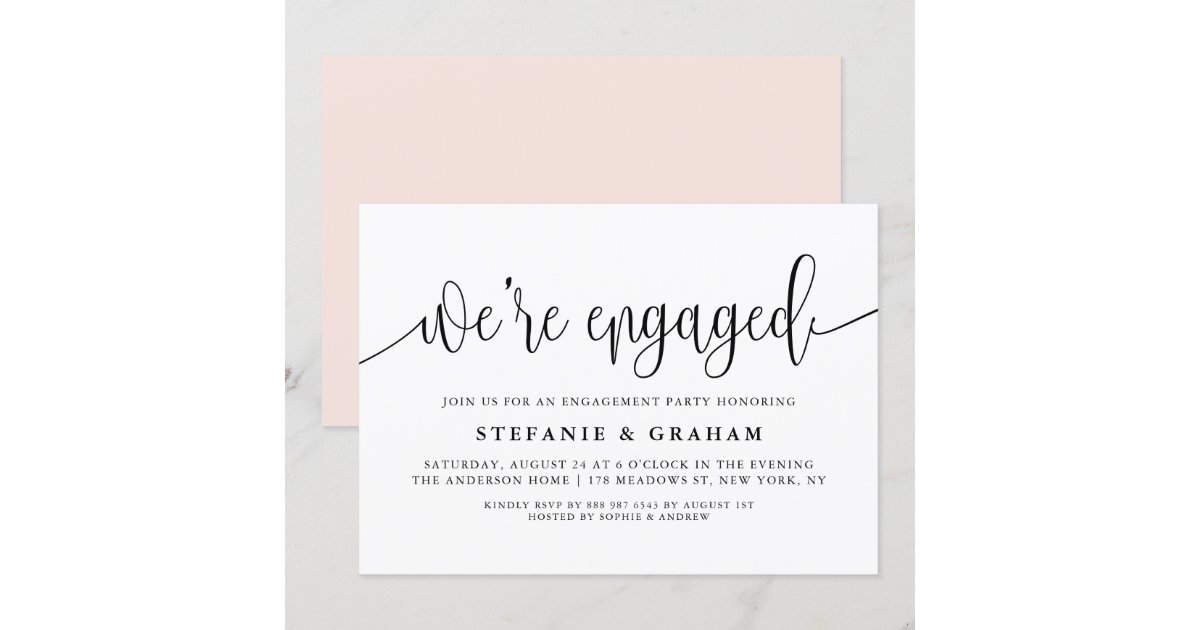 We're Engaged Black Calligraphy Engagement Party Invitation | Zazzle