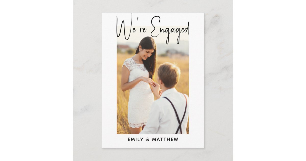 We're Engaged Simple Script Photo Engagement Party Postcard | Zazzle