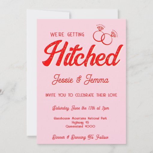 We're Getting Hitched Lesbian Pink Red Wedding Invitation | Zazzle