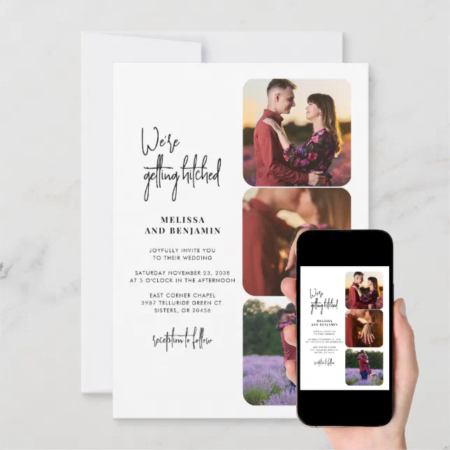 We're Getting Hitched Photo Collage Wedding Invitation | Zazzle
