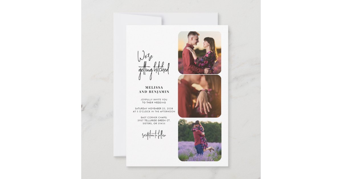 We're Getting Hitched Photo Collage Wedding Invitation | Zazzle