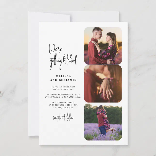 We're Getting Hitched Photo Collage Wedding Invitation | Zazzle