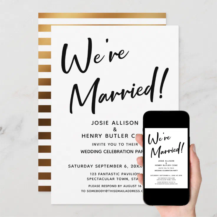 We're Married Modern Wedding Reception Gold Stripe Invitation | Zazzle