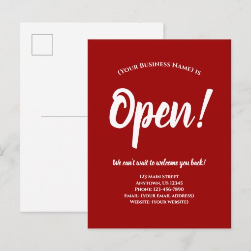 We're Open Business Reopening Announcement Red Postcard | Zazzle