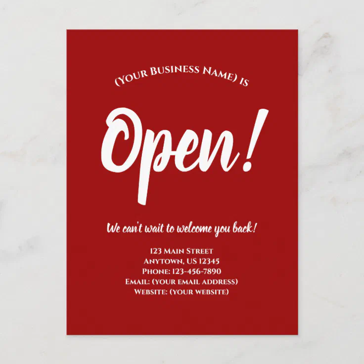 We're Open Business Reopening Announcement Red Postcard | Zazzle