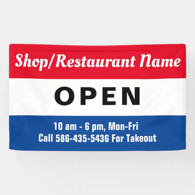 We're Open Sign, Business Name, Hours Custom Banner | Zazzle