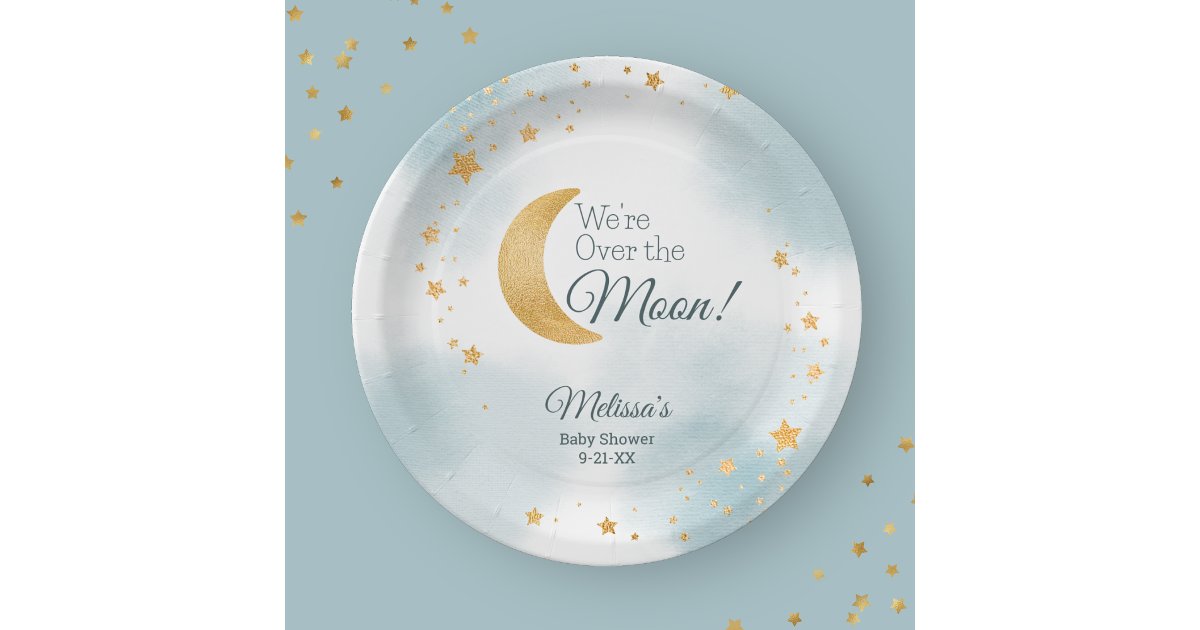 We're Over the Moon Blue Baby Shower Paper Plates | Zazzle