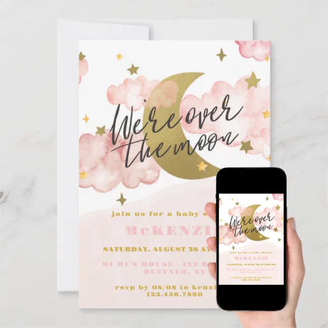We're Over The Moon Girl Baby Shower Invitation | Zazzle