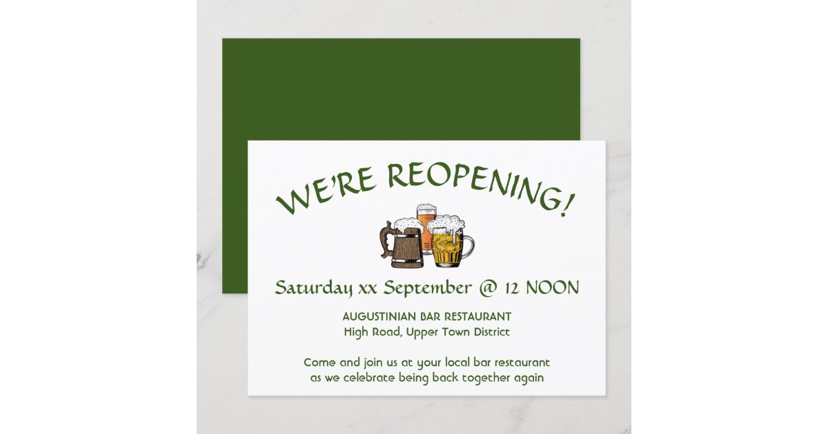 WE'RE REOPENING! Bar Restaurant Customizable GREEN Invitation | Zazzle