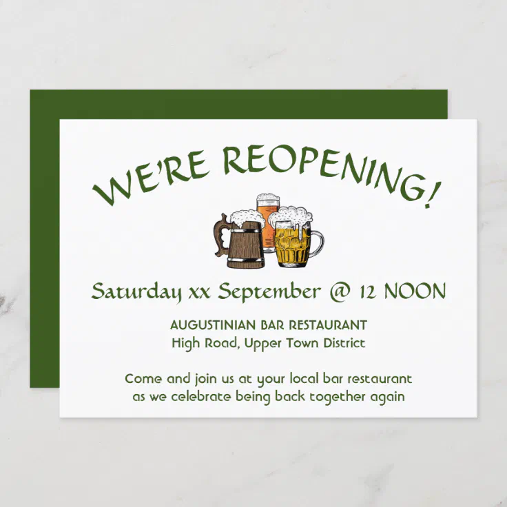 WE'RE REOPENING! Bar Restaurant Customizable GREEN Invitation | Zazzle