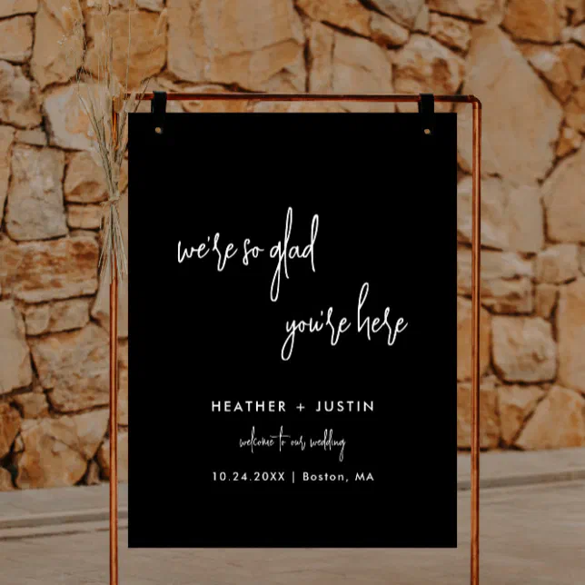 We're So Glad You're Here Black Wedding Welcome Foam Board | Zazzle