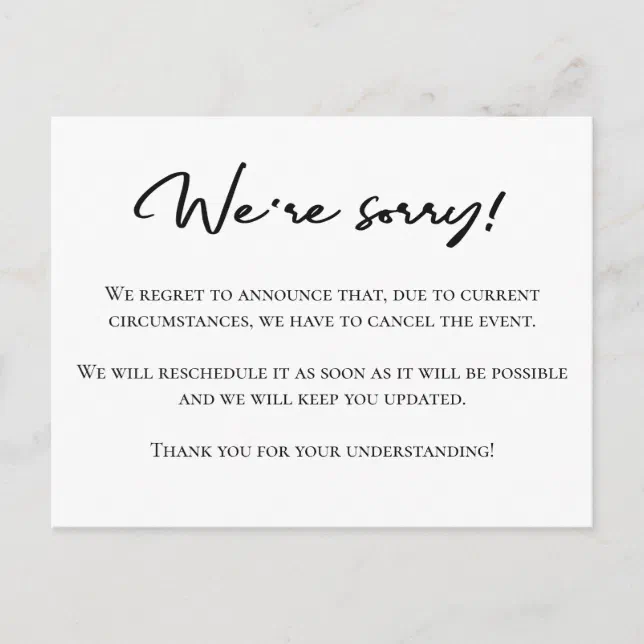 We're sorry black white cancellation announcement postcard | Zazzle