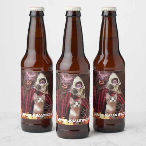 Werewolf and Cat Halloween Beer Label | Zazzle