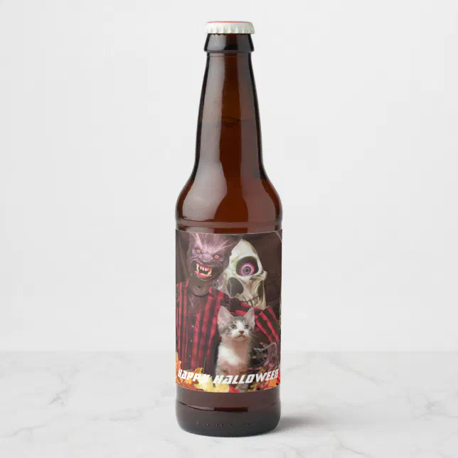 Werewolf and Cat Halloween Beer Label | Zazzle