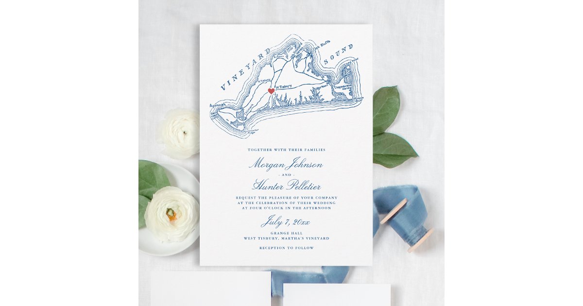 West Tisbury MA Map Elegant Navy Blue Wedding Invitation | Zazzle