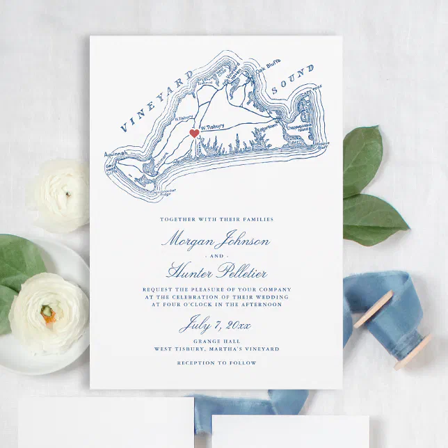 West Tisbury MA Map Elegant Navy Blue Wedding Invitation | Zazzle