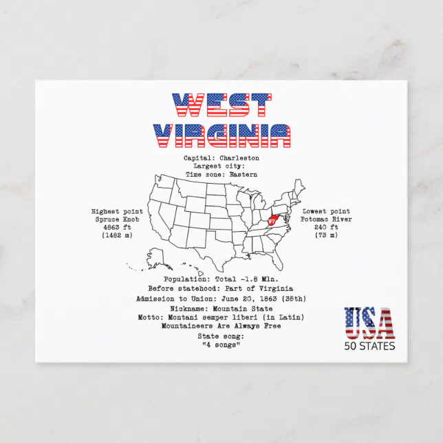 West Virginia American state on a map Holiday Postcard | Zazzle