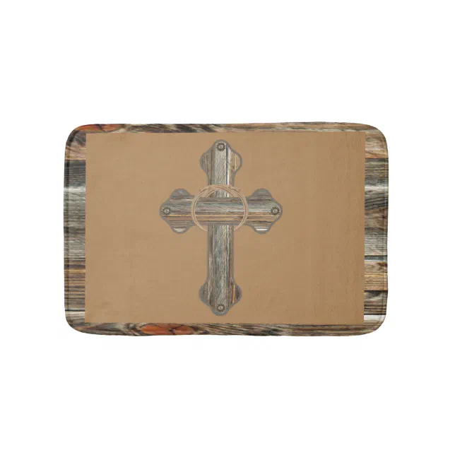 Western Barnwood Cross With Ropes And Conchos Bath Mat | Zazzle