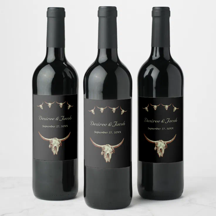 Western Black Rustic Wedding Cow Bull Skull Wine Label | Zazzle