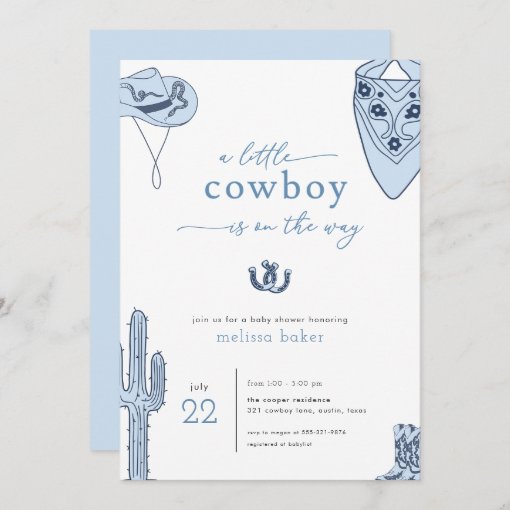Western Blue Little Cowboy Baby Shower Invitation | Zazzle