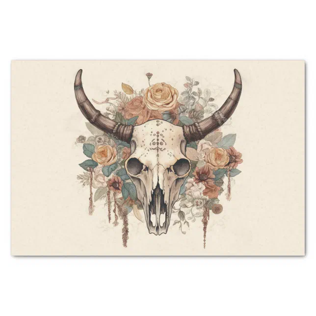Western Boho Bull Skull Floral Decoupage Tissue Paper | Zazzle