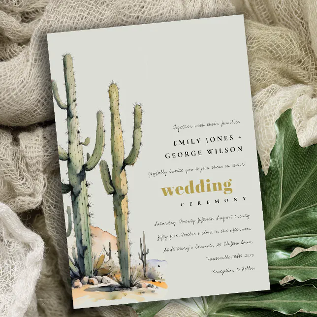 Western Boho Cactus Desert Sage Green Wedding Invitation | Zazzle