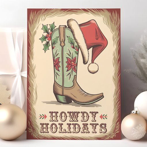Western Boot Howdy Holidays Cowboy Christmas Holiday Card | Zazzle