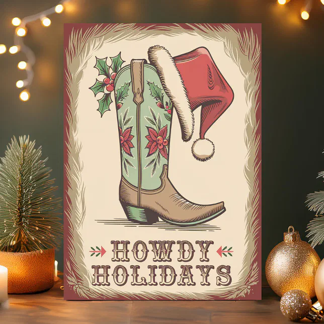 Western Boot Howdy Holidays Cowboy Christmas Holiday Card | Zazzle