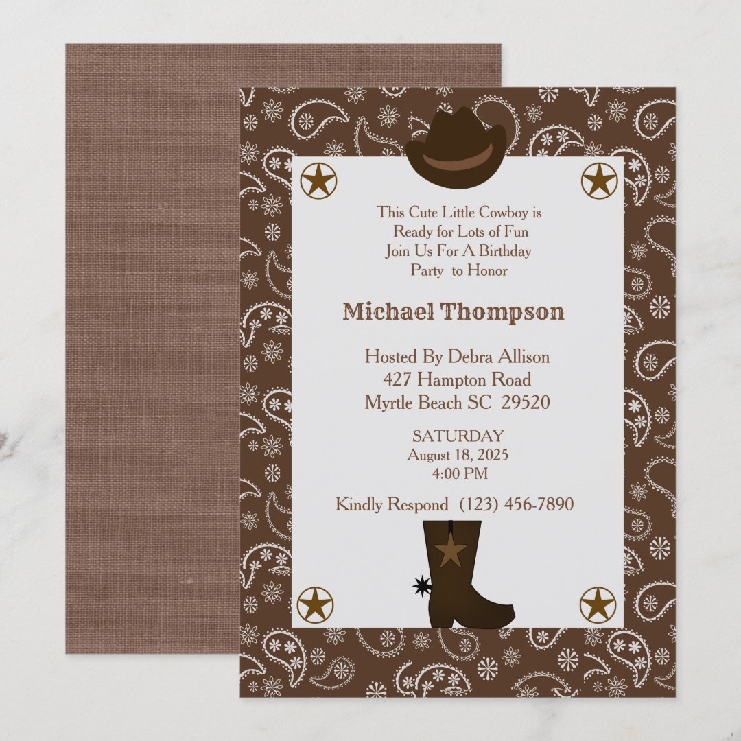 Western Brown Bandana Cowboy Birthday Party Invitation | Zazzle