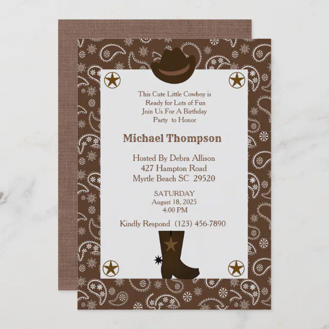 Western Brown Bandana Cowboy Birthday Party Invitation | Zazzle
