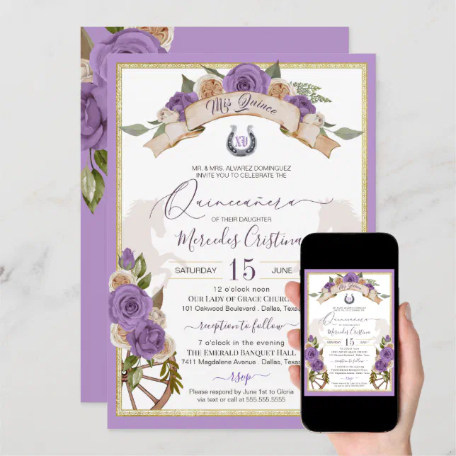 Western Charro Lavender Roses Horses Quinceanera Invitation | Zazzle