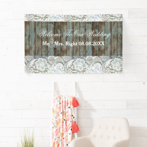western country blue barn wood lace wedding banner | Zazzle