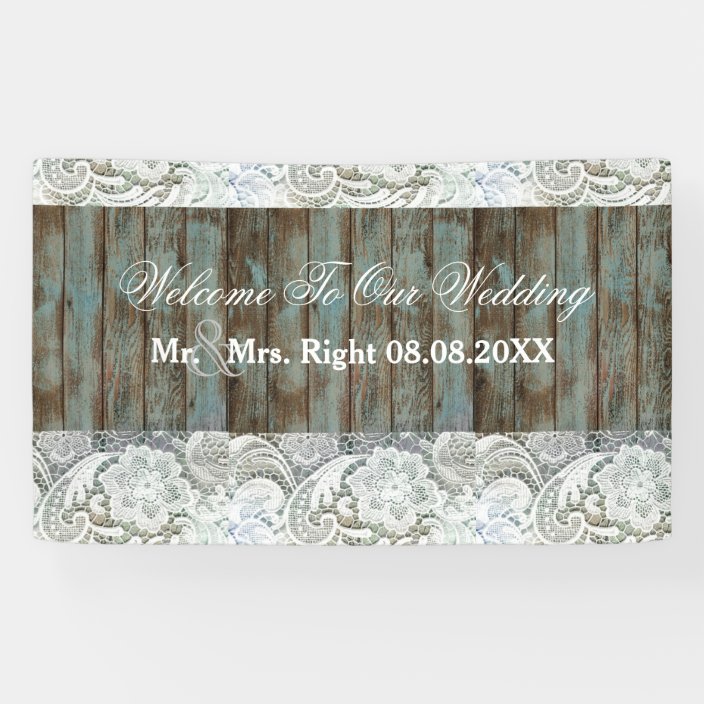 western country blue barn wood lace wedding banner | Zazzle.com