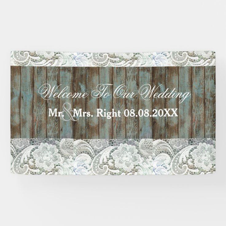 western country blue barn wood lace wedding banner | Zazzle