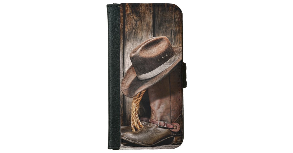western country brown barn wood cowboy boots iPhone wallet case | Zazzle