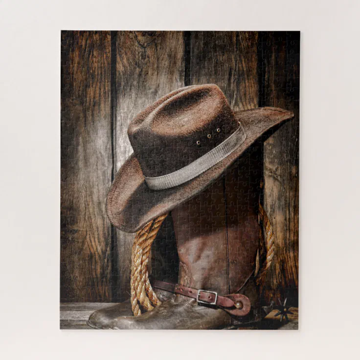 western country brown barn wood cowboy boots jigsaw puzzle | Zazzle