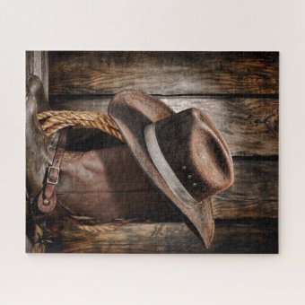 western country brown barn wood cowboy boots jigsaw puzzle | Zazzle