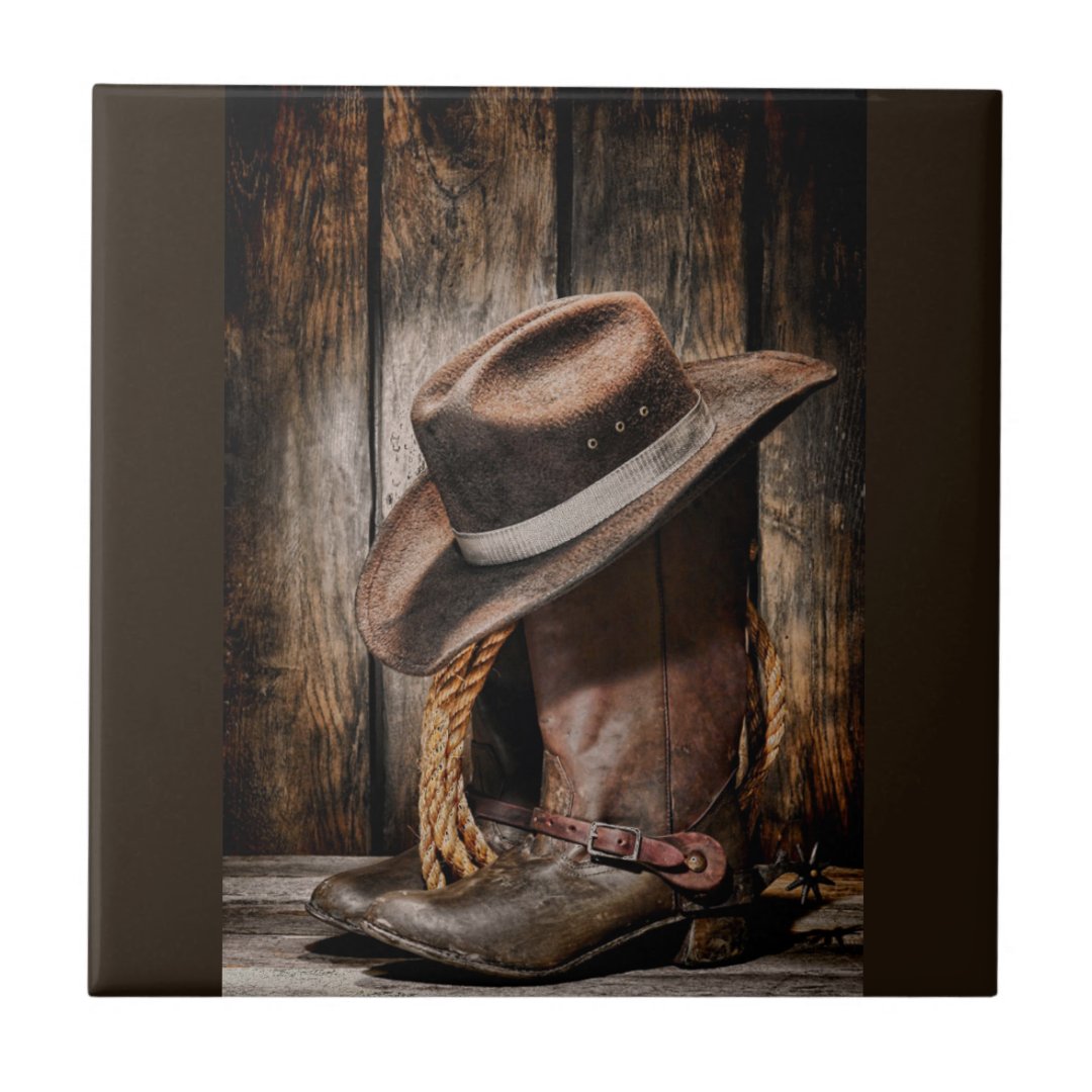 western country brown barn wood cowboy boots tile | Zazzle
