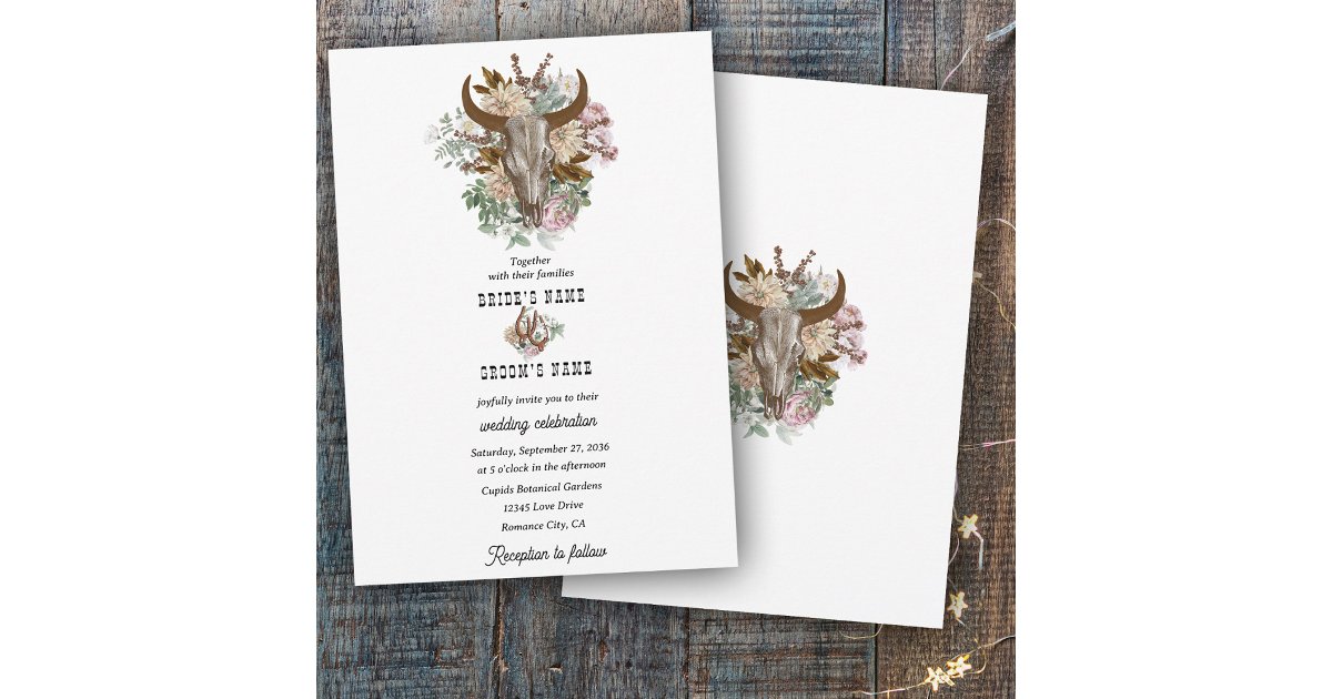 Western Country Cowboy Boho Cow Skull Wedding Invitation | Zazzle