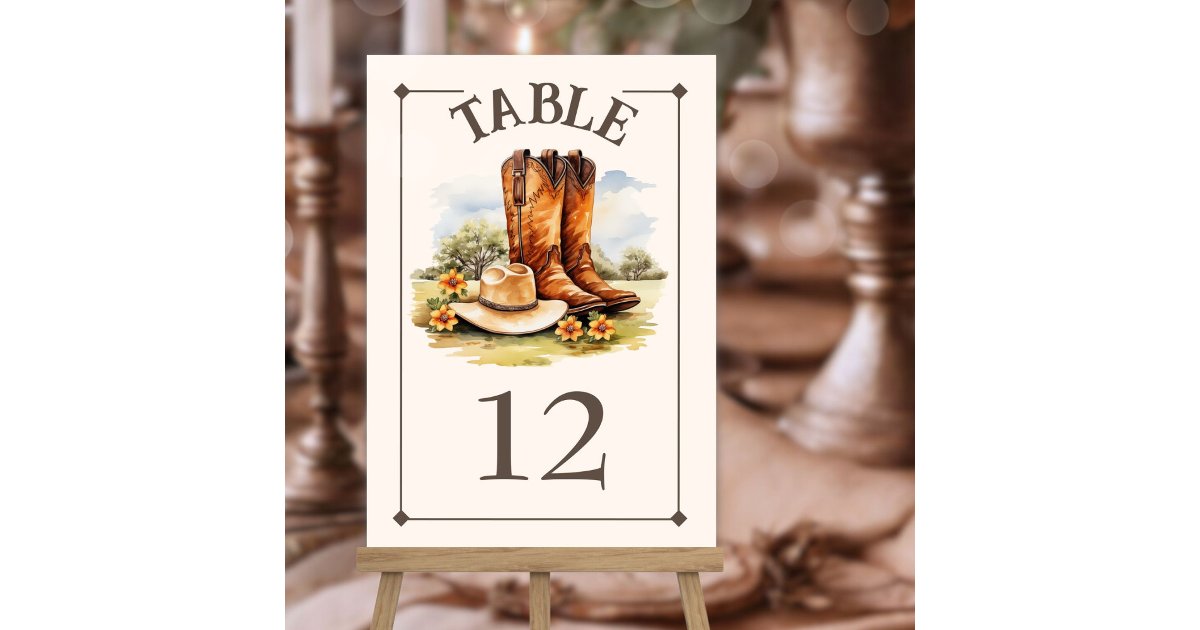 Western Country Cowboy Boots Wedding Table Number | Zazzle