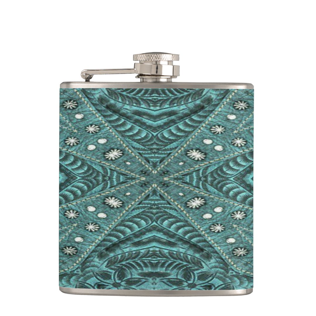 Western Country fashion Teal Turquoise Leather Flask | Zazzle