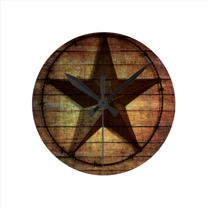 Western Country Primitive Barn Wood Texas Star Round Clock | Zazzle.com