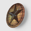 Western Country Primitive Barn Wood Texas Star Round Clock | Zazzle