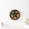 Western Country Primitive Barn Wood Texas Star Round Clock | Zazzle