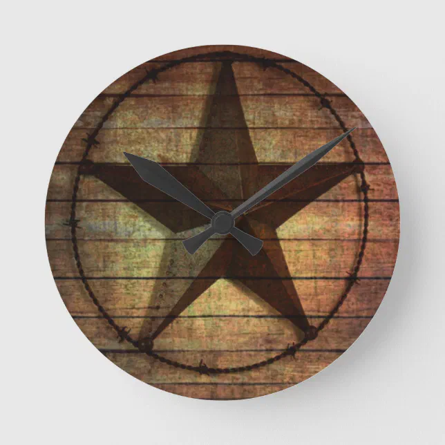Western Country Primitive Barn Wood Texas Star Round Clock | Zazzle