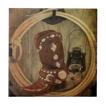 Western Country Rodeo cowboy boot Lasso Rope Tile | Zazzle