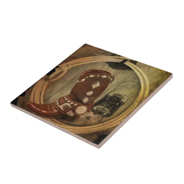 Western Country Rodeo cowboy boot Lasso Rope Tile | Zazzle