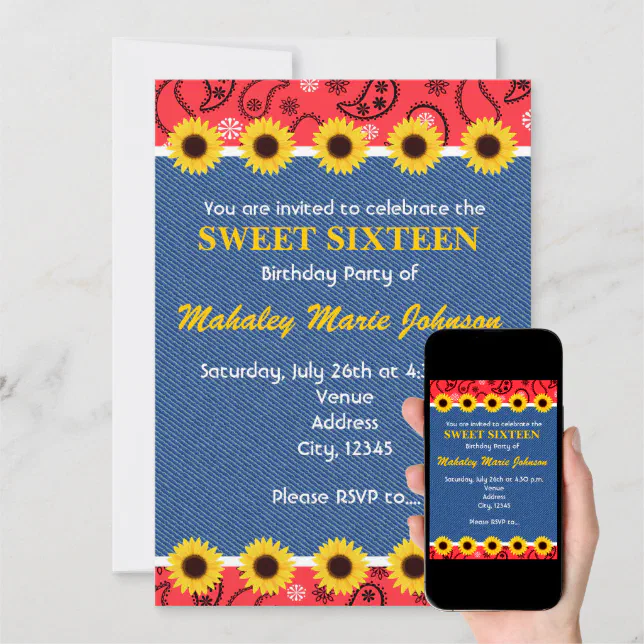 Western Country Sunflowers Denim Bandana Party Invitation | Zazzle